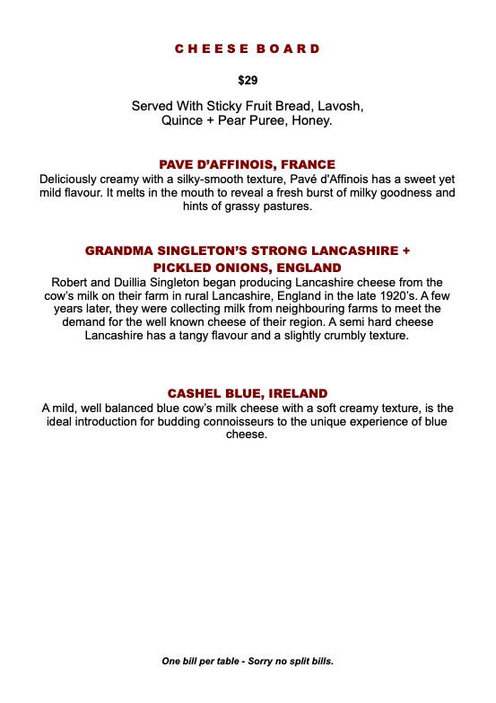 Menu at Red Cabbage Food & Wine restaurant, South Perth