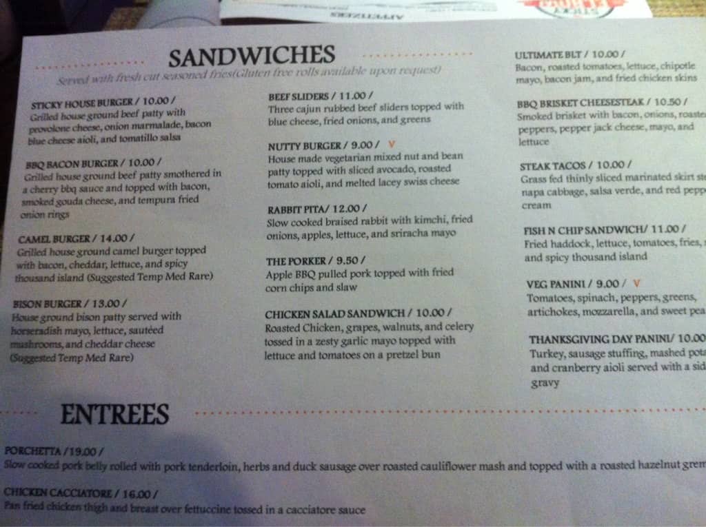 Menu at The Sticky Elbow restaurant, Williamsport