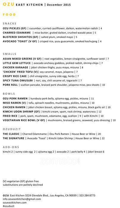 Ozu East Kitchen Menu, Menu for Ozu East Kitchen, Atwater Village, Los ...