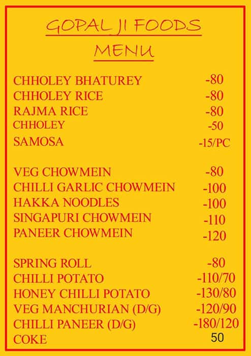 Menu of Gopal Ji Foods, Gole Market, New Delhi