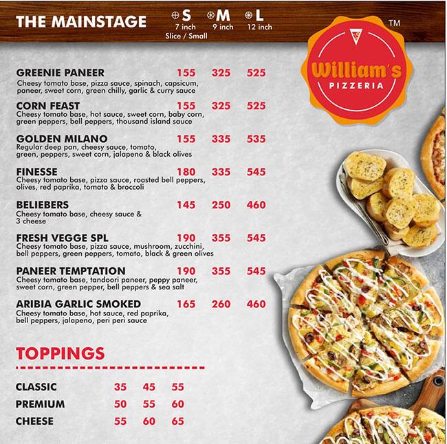 Menu at William's Pizzeria Adani Shantigram, Shantigram