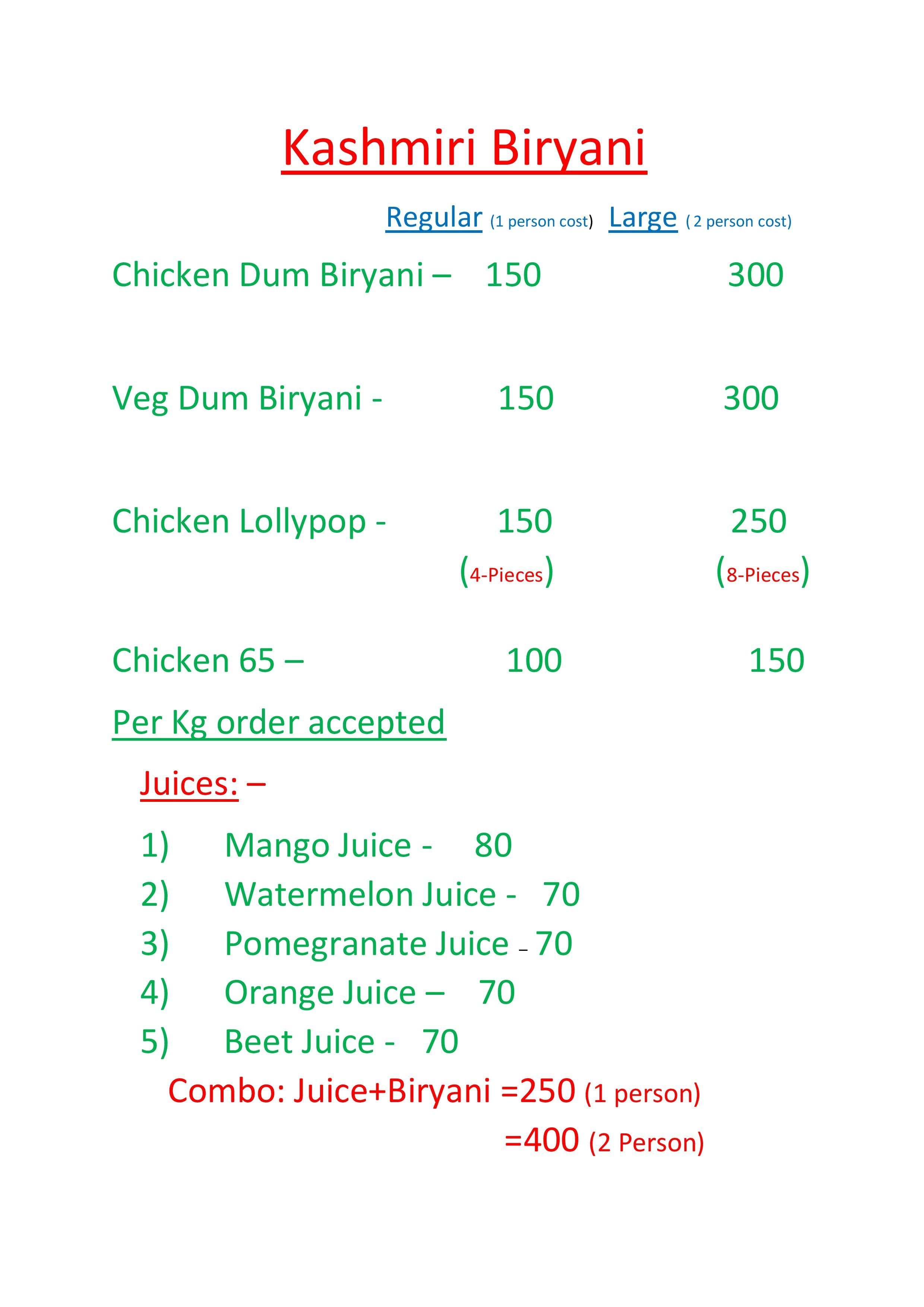 Menu of Kashmiri Biryani Restaurant, Balewadi, Pune