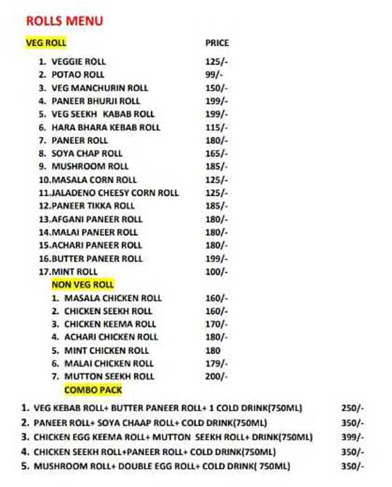 Menu of Yes! Roll, Hajipur, Noida