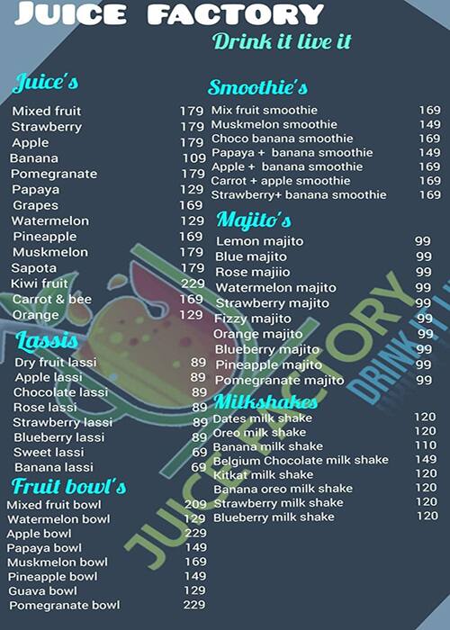 Menu of Juice Factory, Gandipet, Hyderabad