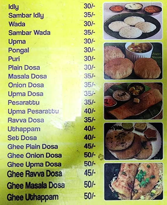 Menu of Sri Lakshmi Ganapathi Restaurant, Langer Houz, Hyderabad