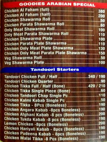 Menu at Goodies Arabian Taste, Mangaluru