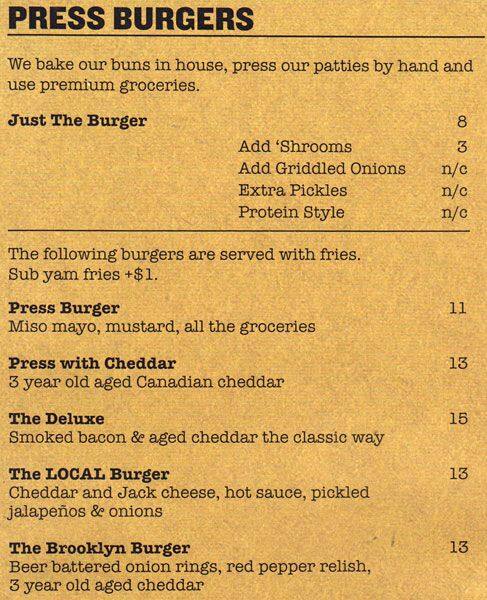 Menu at Local Leaside restaurant, Toronto, 180 Laird Dr