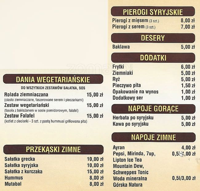 Menu at Al Zaher Kebab restaurant, Warsaw