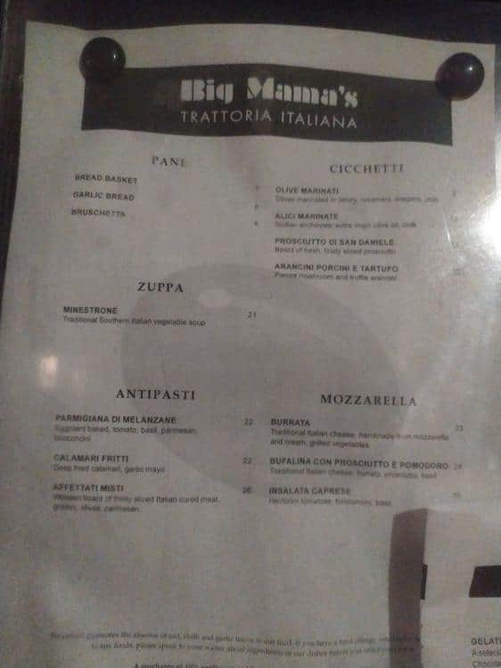 Menu at Big Mama's restaurant, Woollahra
