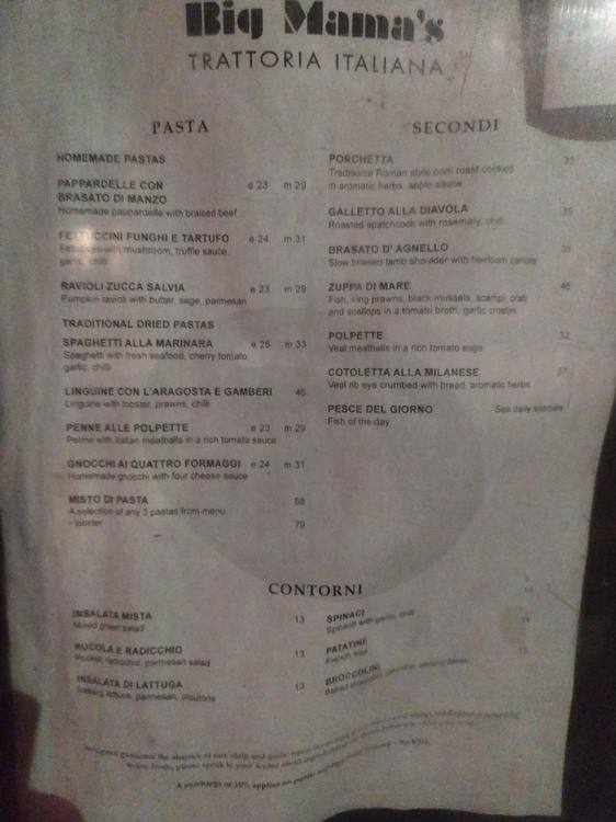 Menu at Big Mama's restaurant, Woollahra
