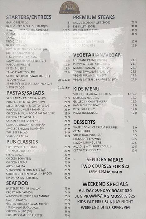 Carta del pub y bar Customs House Hotel, Williamstown VIC, Williamstown