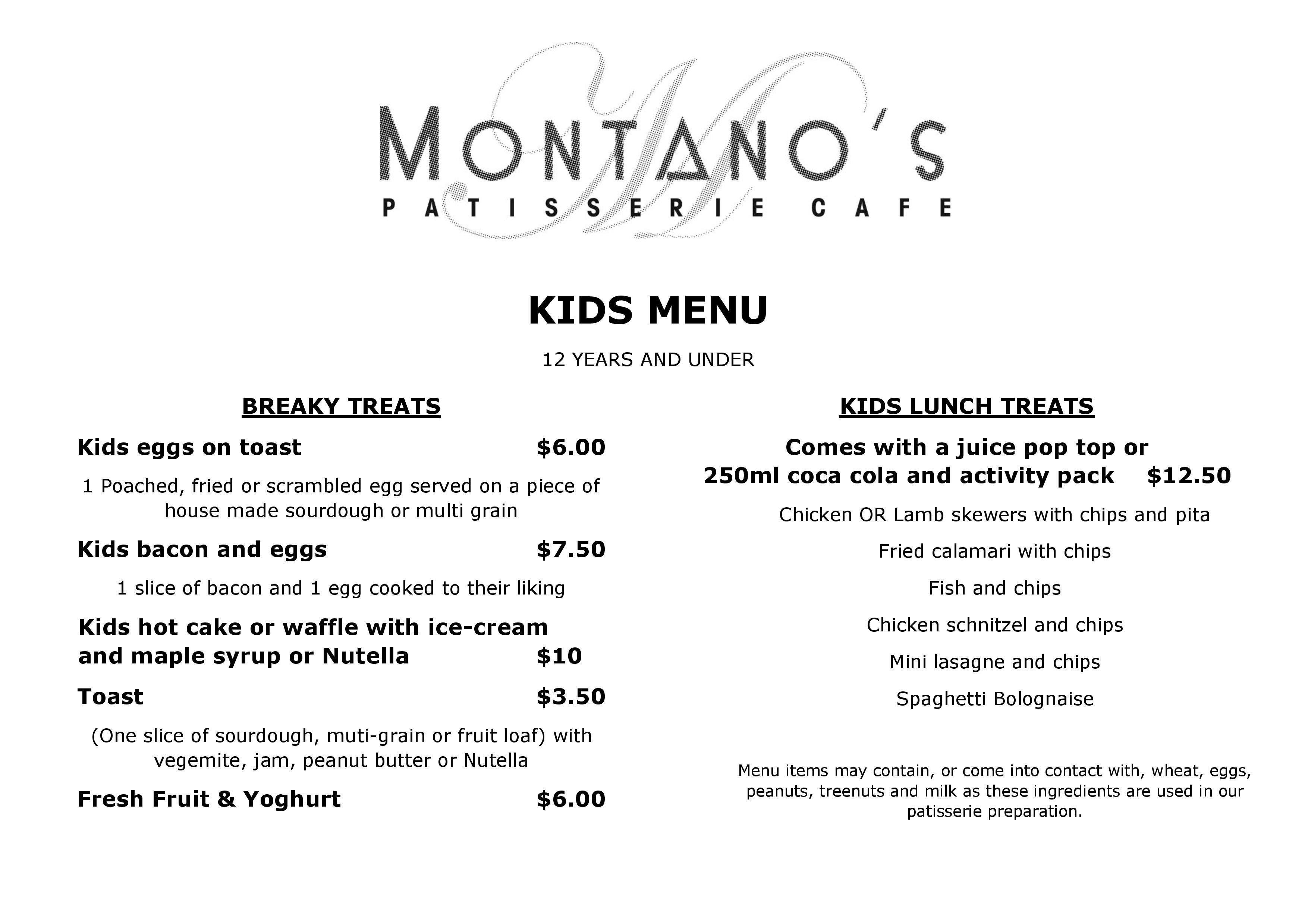 Menu at Montano's Patisserie cafe, Bayswater
