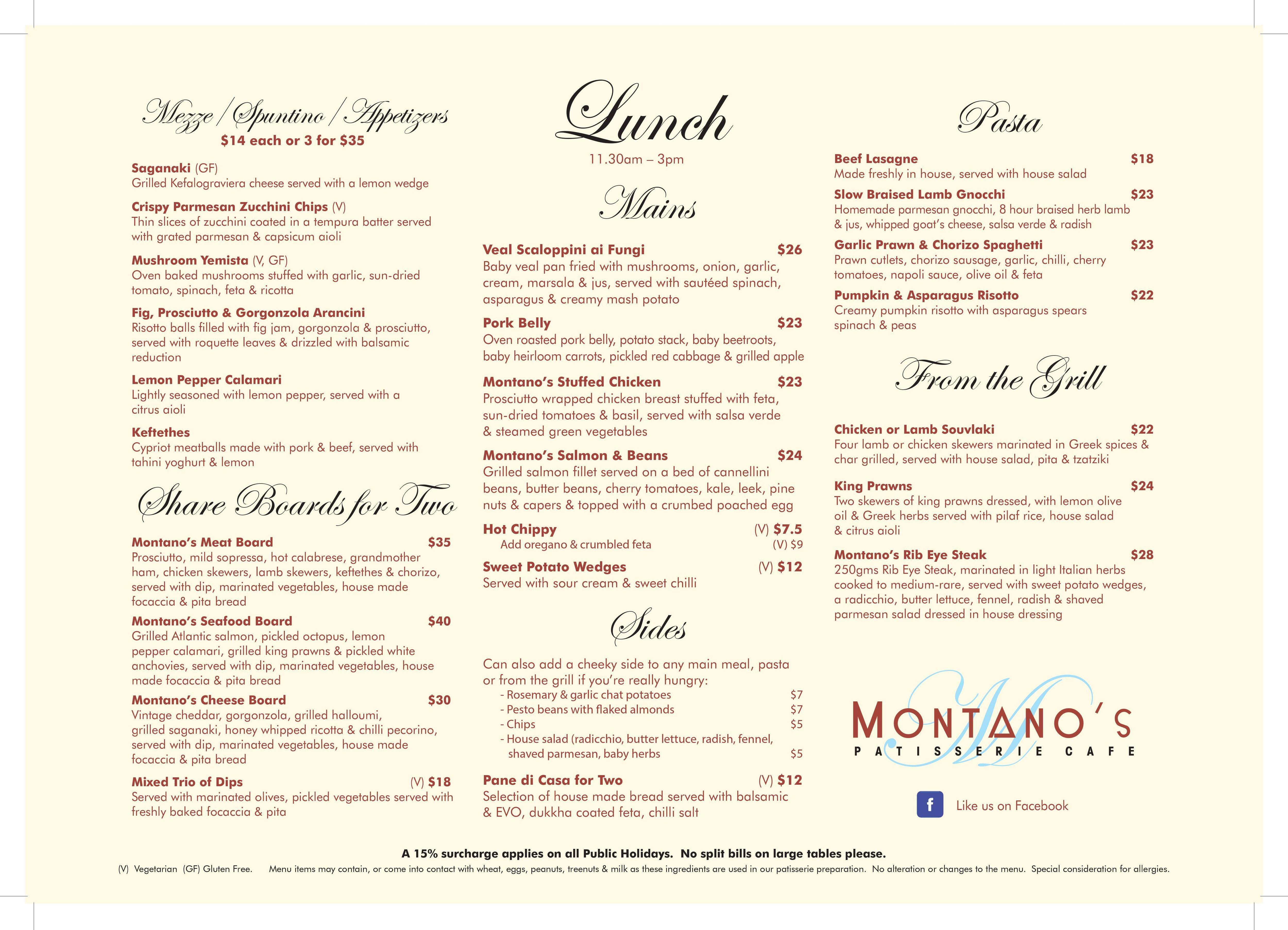 Menu at Montano's Patisserie cafe, Bayswater