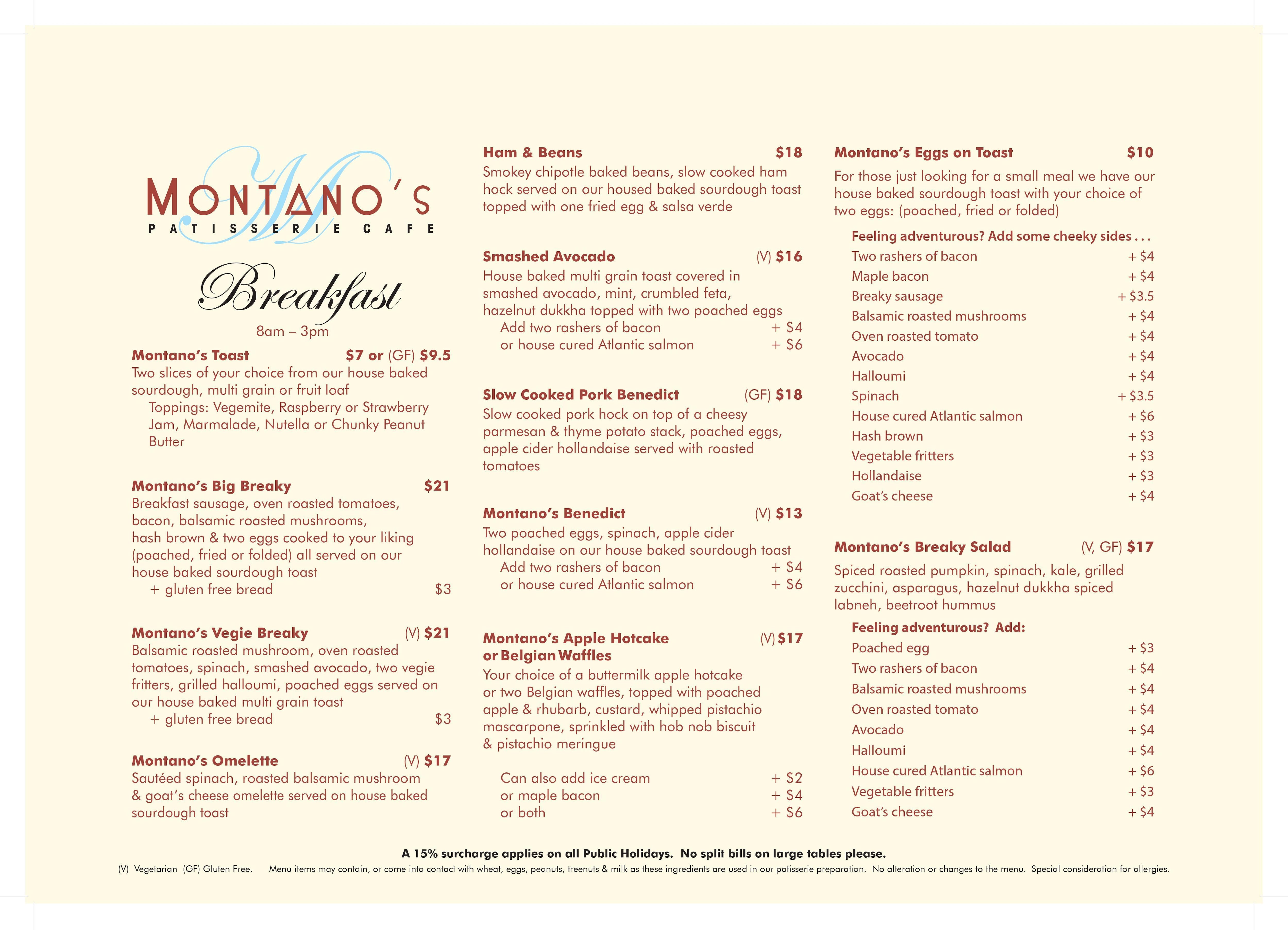 Menu at Montano's Patisserie cafe, Bayswater