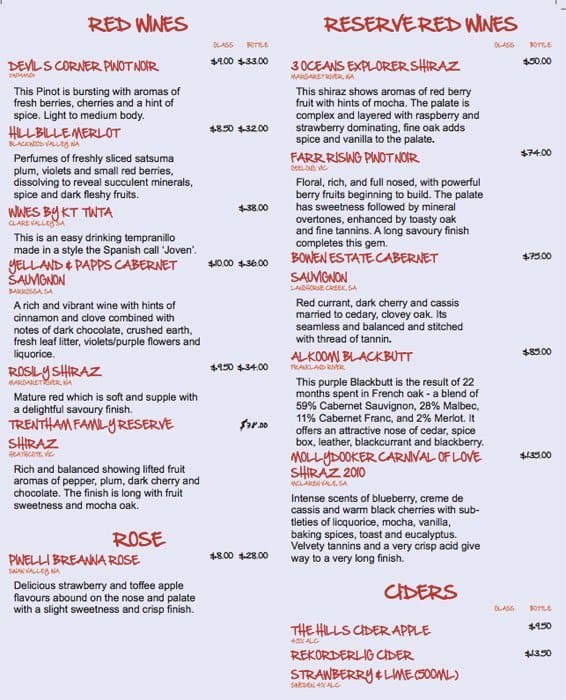 Menu at The Cray restaurant, Belmont