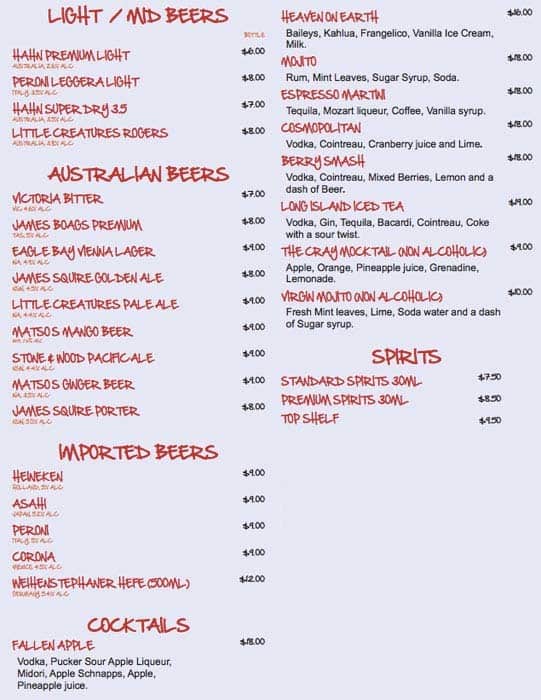 Menu at The Cray restaurant, Belmont