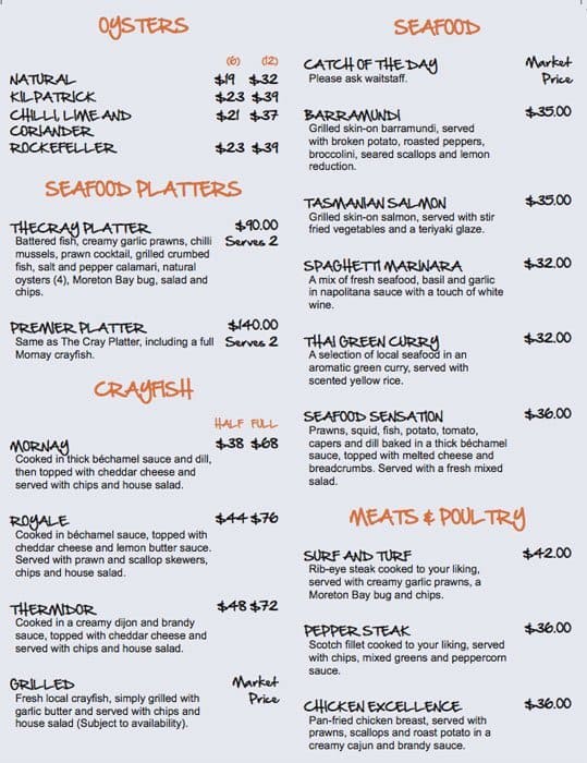 Menu at The Cray restaurant, Belmont