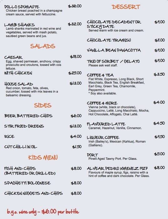 Menu at The Cray restaurant, Belmont