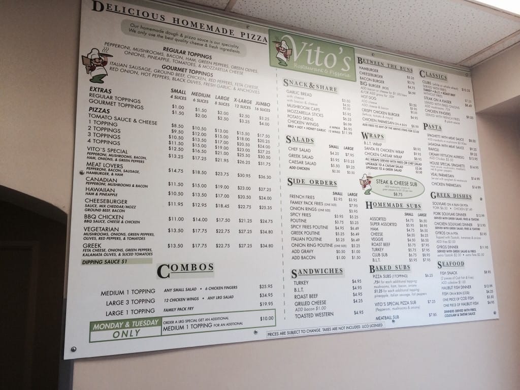 Menu at Vitos Restaurant & Pizzeria, Colborne