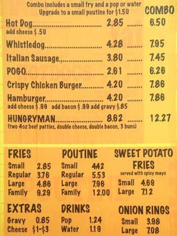 Menu at Golden Fries fast food, Ottawa, Jeanne D'Arc Blvd N