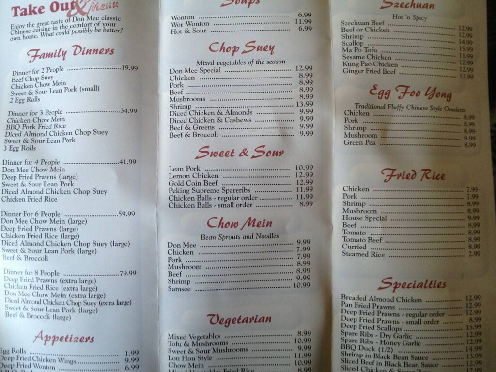 Menu at Don Mee restaurant, Victoria