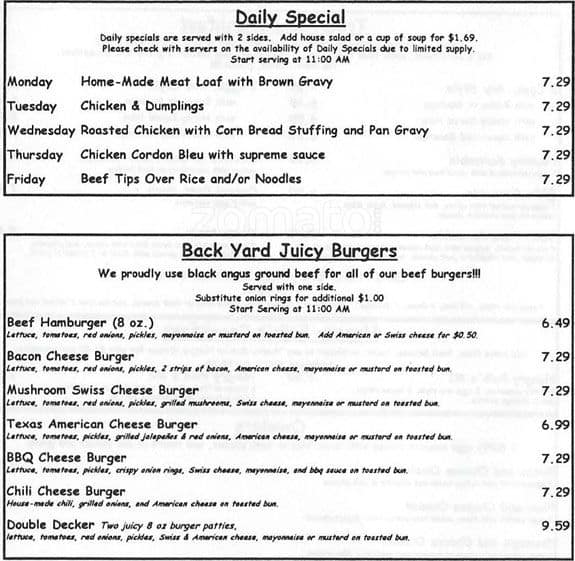 Menu at Elk's Diner restaurant, Burleson
