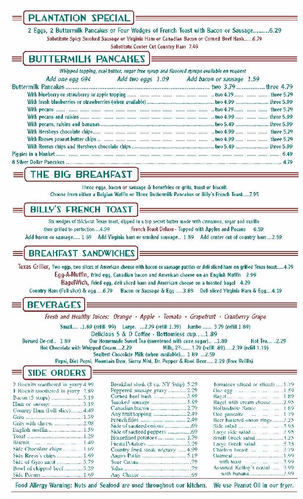 Menu at Plantation Pancake House restaurant, Surfside Beach, US-17 BUS