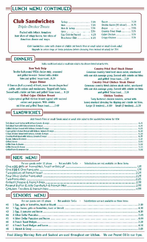 Menu at Plantation Pancake House restaurant, Surfside Beach, US-17 BUS