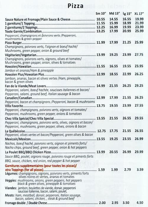 Menu au Chez Villa - Buckingham pizzeria, Gatineau, 486B Ave. de Buckingham