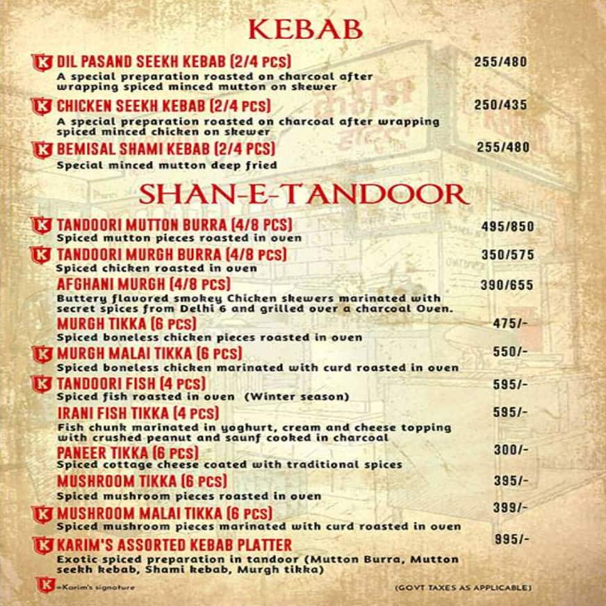 Menu of Karim's - Original From Jama Masjid Delhi-6, Golpark, Kolkata
