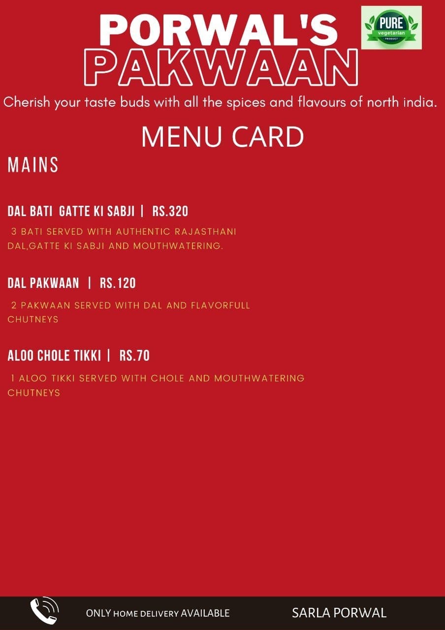 Menu of Porwal Pakwaan, Pimple Saudagar, Pune