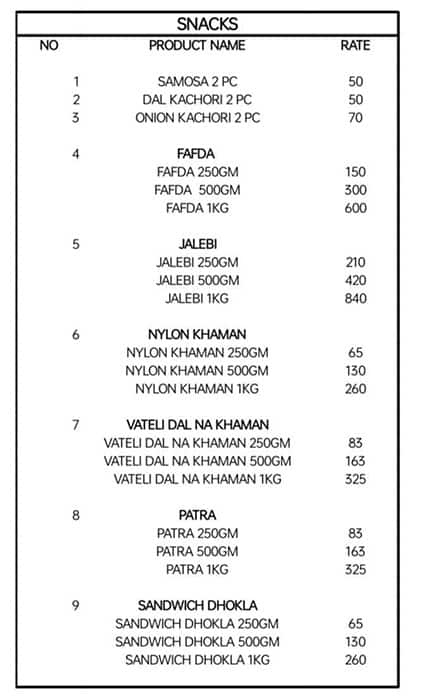 Menu of Jay Ambe Farsan & Fast Food, Thaltej, Ahmedabad