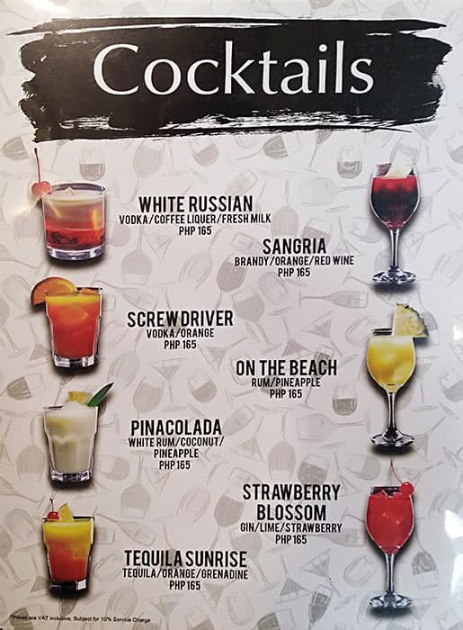 Menu at Sky High Bar, Pasig