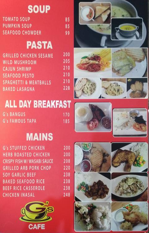 Menu at G's Cafe, Quezon City, 802 Banawe St