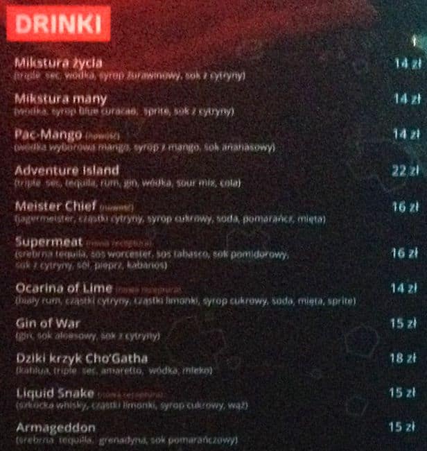 Menu at Cybermachina pub & bar, Kraków