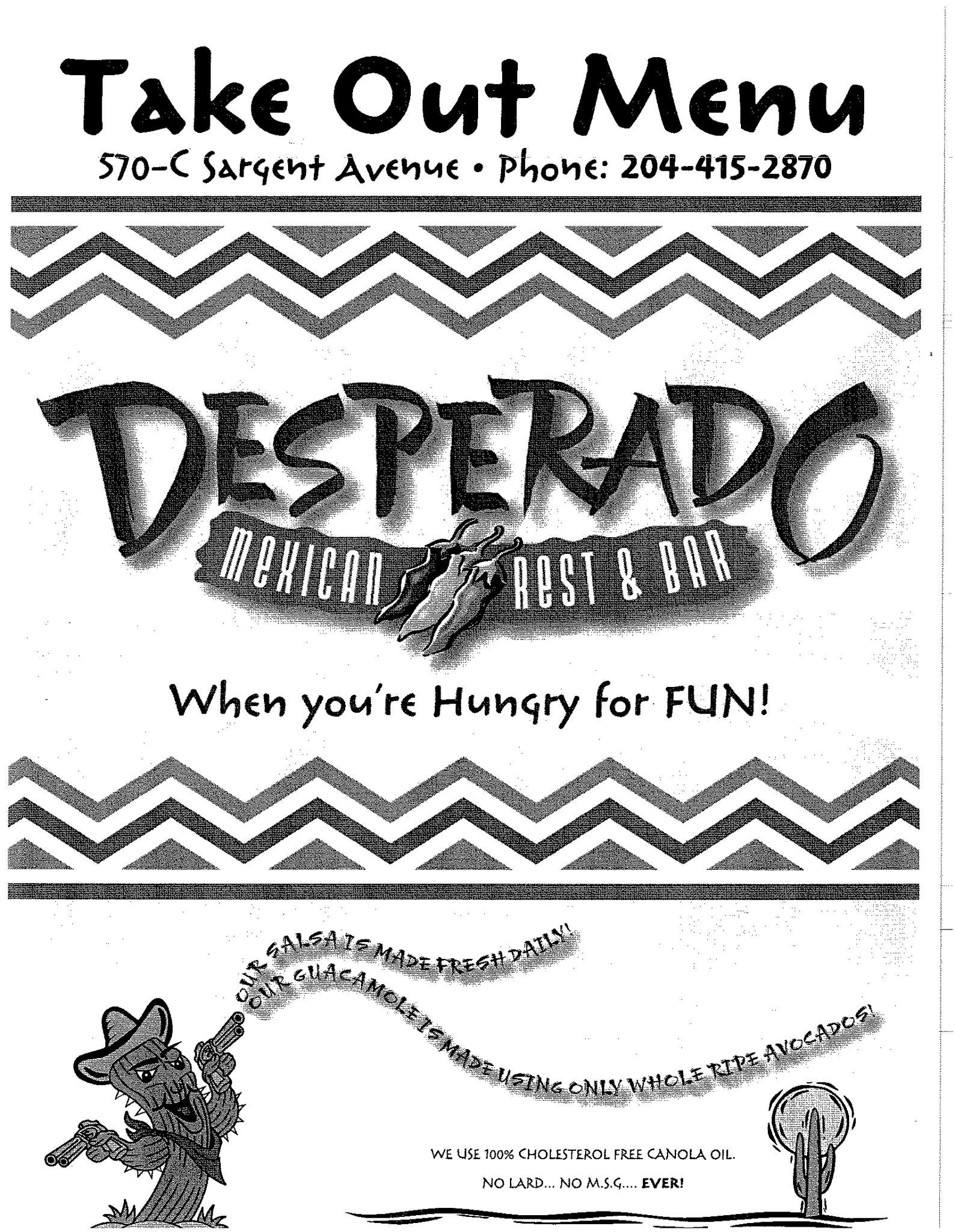 Menu au Desperado restaurant, Winnipeg