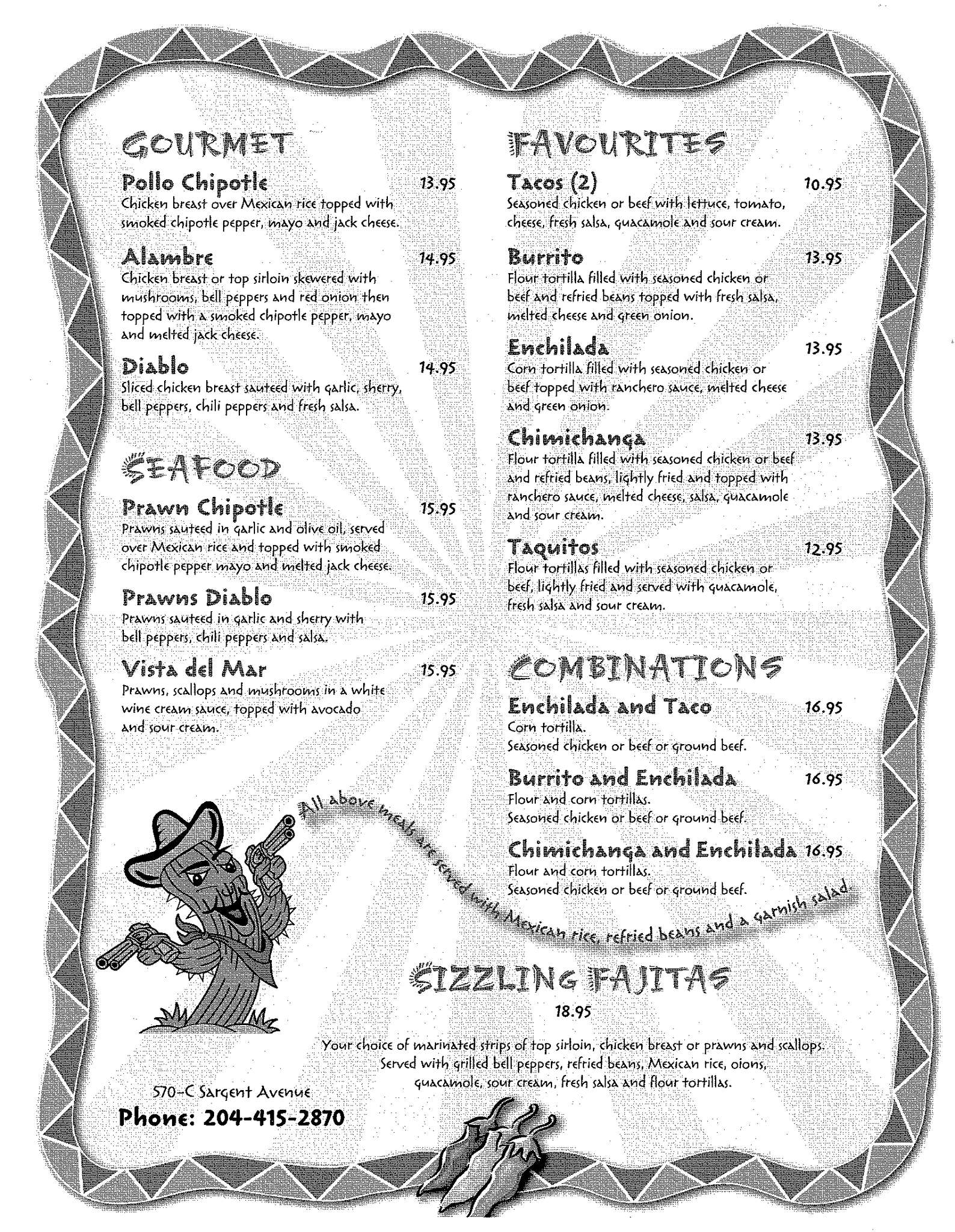 Menu au Desperado restaurant, Winnipeg