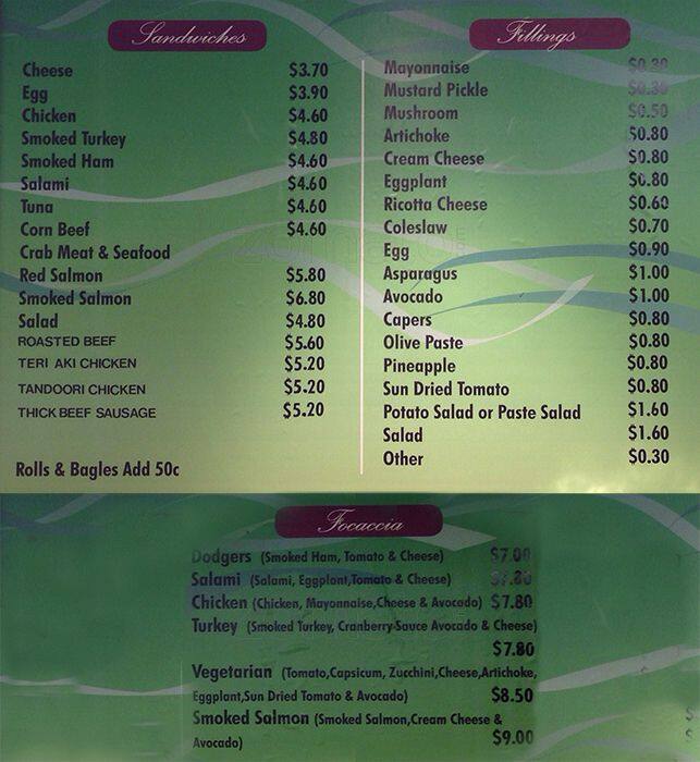 Menu at Dodgers cafe, Randwick