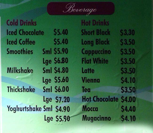 Menu at Dodgers cafe, Randwick