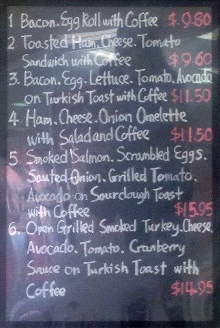 Menu at Dodgers cafe, Randwick