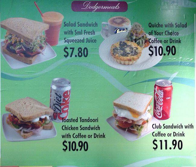 Menu at Dodgers cafe, Randwick