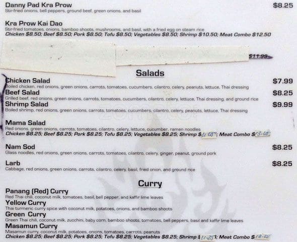 Menu at Prik Nam Pla Thai Cuisine restaurant, San Marcos