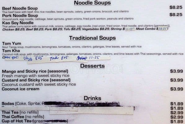 Menu at Prik Nam Pla Thai Cuisine restaurant, San Marcos