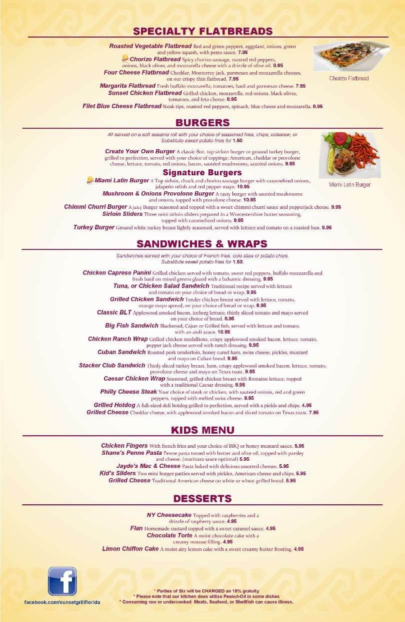 Menu at Sunset Grill pub & bar, Weston
