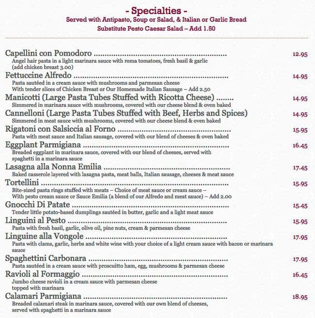 Menu at Nonna Emilia Ristorante Italiano pizzeria, Aloha