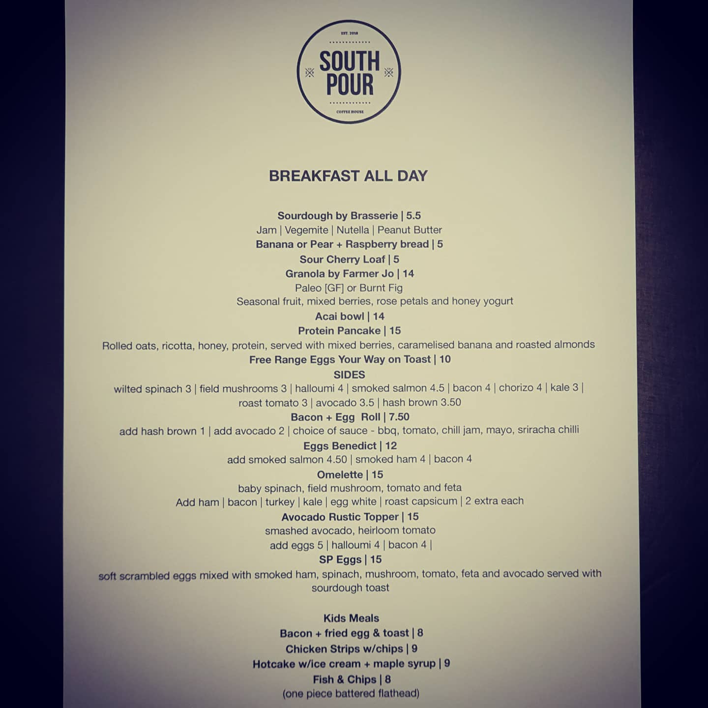 Menu at South Pour cafe, Penshurst