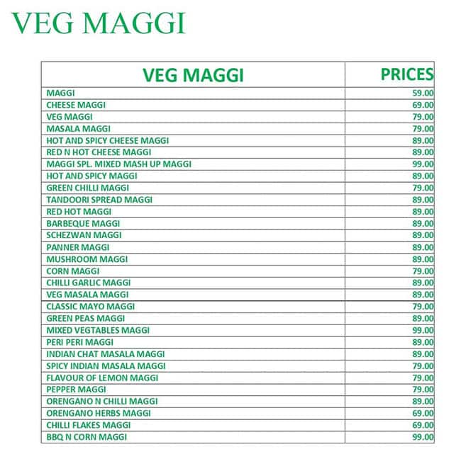 Menu of The Maggi Restaurant, Vandalur, Chennai