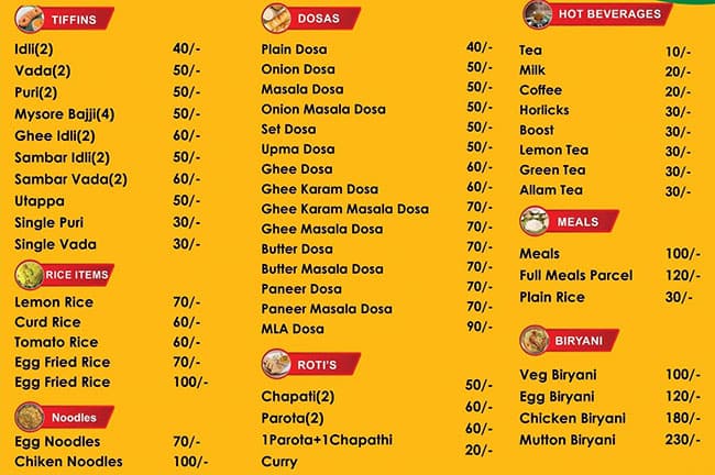 Menu of Sankar Vilas Centre, L B Nagar, Hyderabad