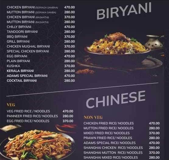 Menu of Adams Biryani, Podanur, Coimbatore