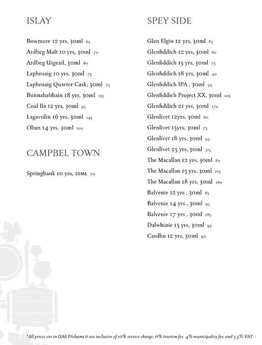 Menu of St. Regis Bar, Al Khubeirah, Abu Dhabi